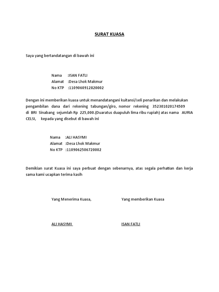 Contoh Surat Kuasa Penarikan Dana PIP Di BRI | PDF