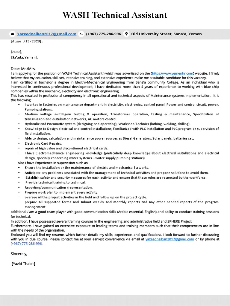 WASH Technical Assistant - Cover-Letter | PDF | Electricity ...