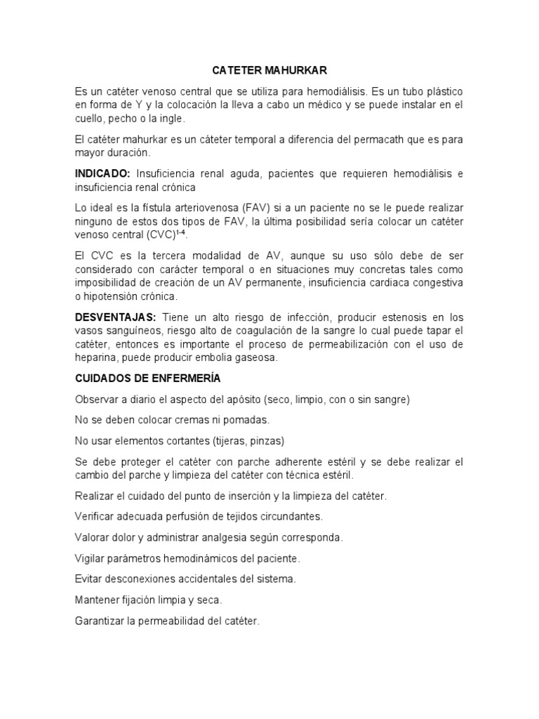 Catéter Mahurkar Uso Y Cuidados Pdf Ciencia Y Matemáticas