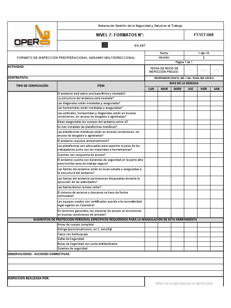 FT-SST-068 Formato de Inspección Preoperacional Andamio Multidireccional | PDF | Andamio