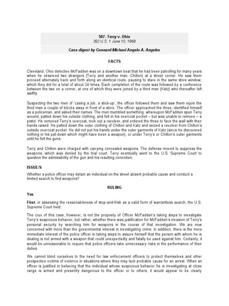 Terry v. Ohio: Case Digest by Gennard Michael Angelo A. Angeles | PDF ...
