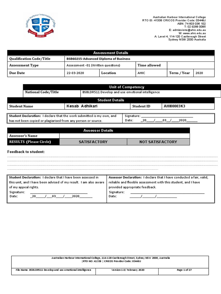 BSBLDR511 Student Assessment Task-1 | PDF | Emotional Intelligence | Intelligence