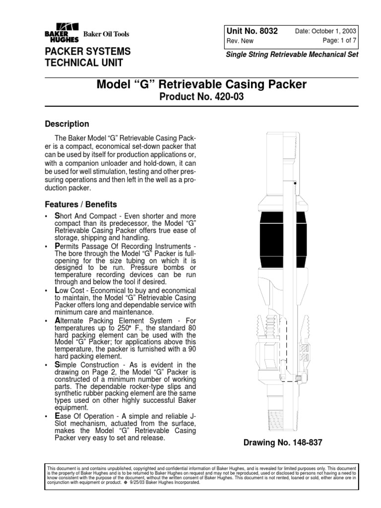 Model "G" Retrievable Casing Packer: Packer Systems Technical Unit ...