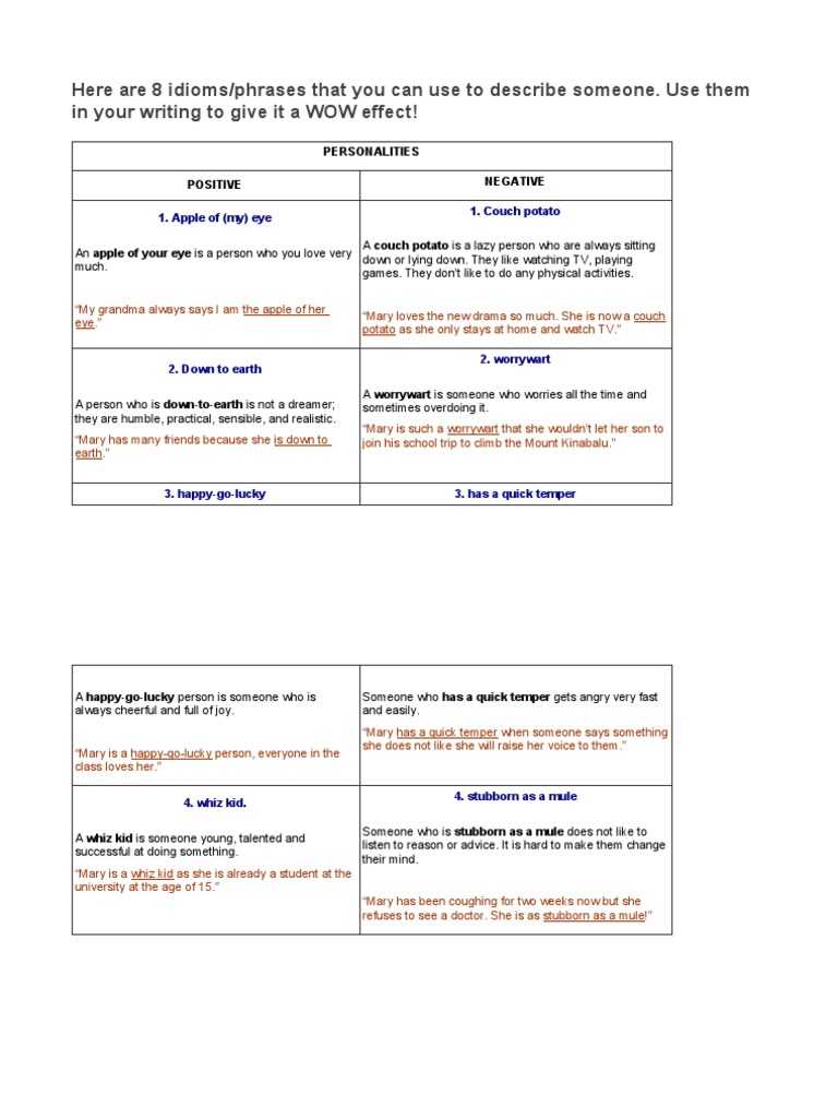 Eight Idioms and Phrases to Describe Personality Types | PDF