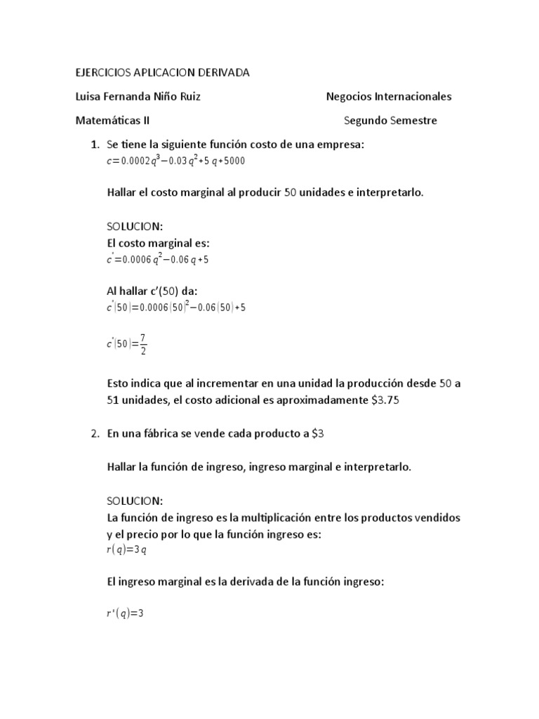 Ejercicios Aplicacion Derivada | PDF | Utilidad marginal | Costo marginal