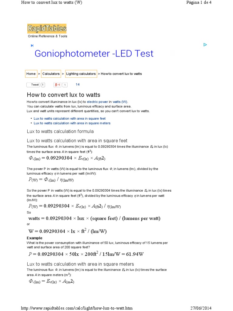 WWW - Rapidtables.com Calc Light How-Lux-To-Watt | PDF | Incandescent ...