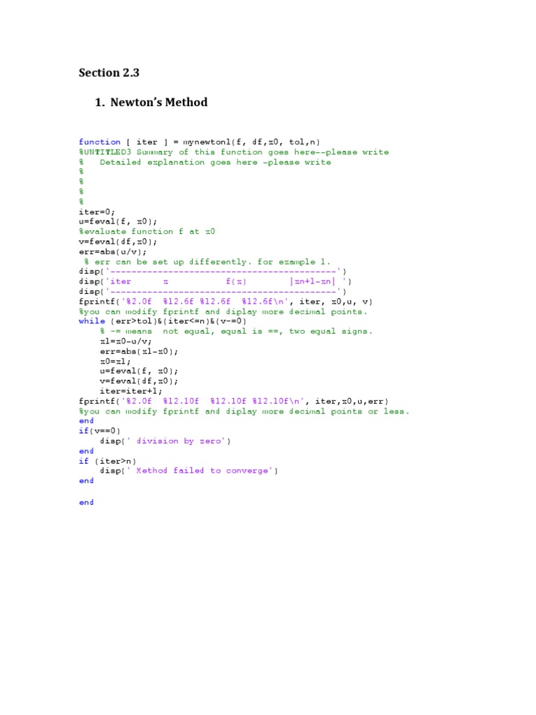 Matlab Code Newtons Method PDF | PDF
