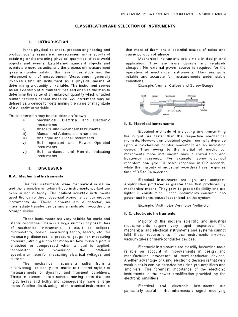 Classification and Selection of Instruments | PDF | Measuring ...