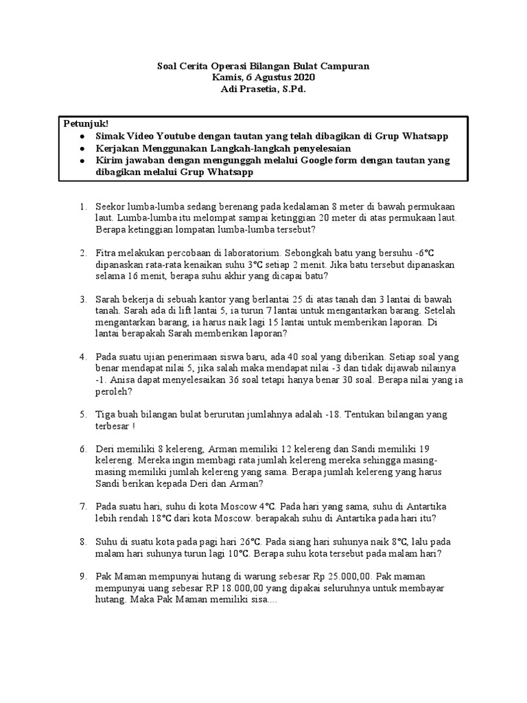 Soal Cerita Operasi Bilangan Bulat Campuran | PDF