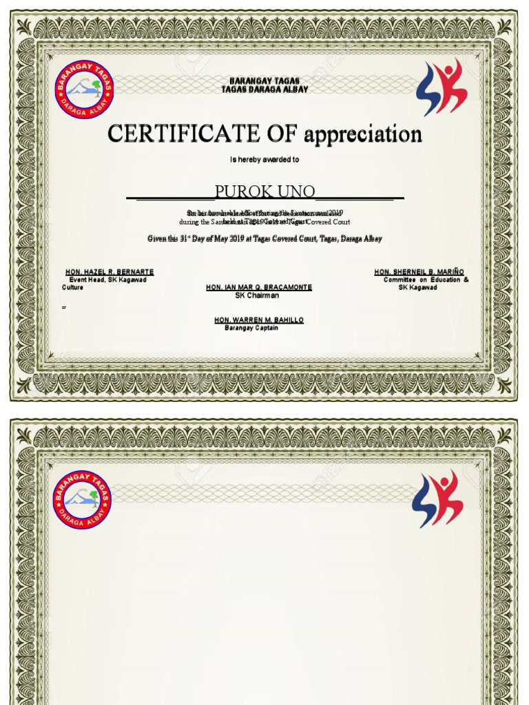 Cert For Sagala and Purok Santacruzan | PDF