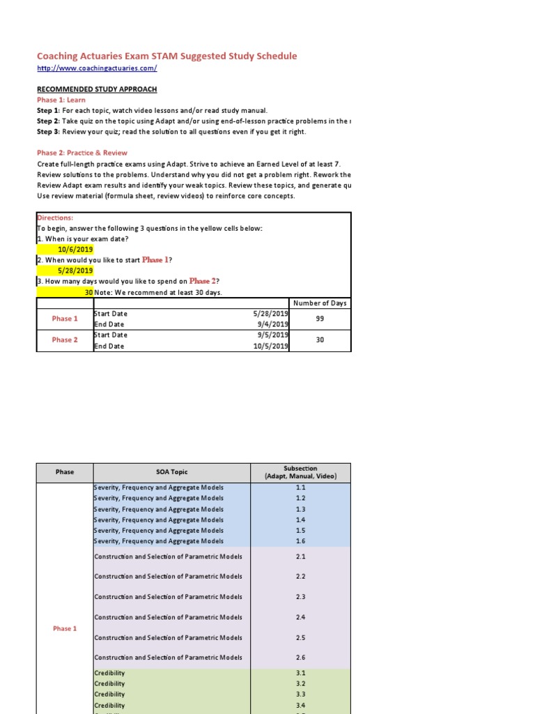 Coaching Actuaries Exam STAM Suggested Study Schedule: Phase 1: Learn | PDF | Goodness Of Fit ...