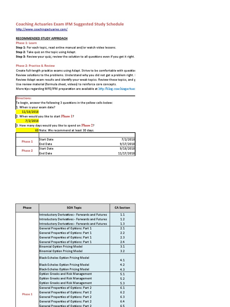 Coaching Actuaries Exam IFM Suggested Study Schedule: Phase 1: Learn ...