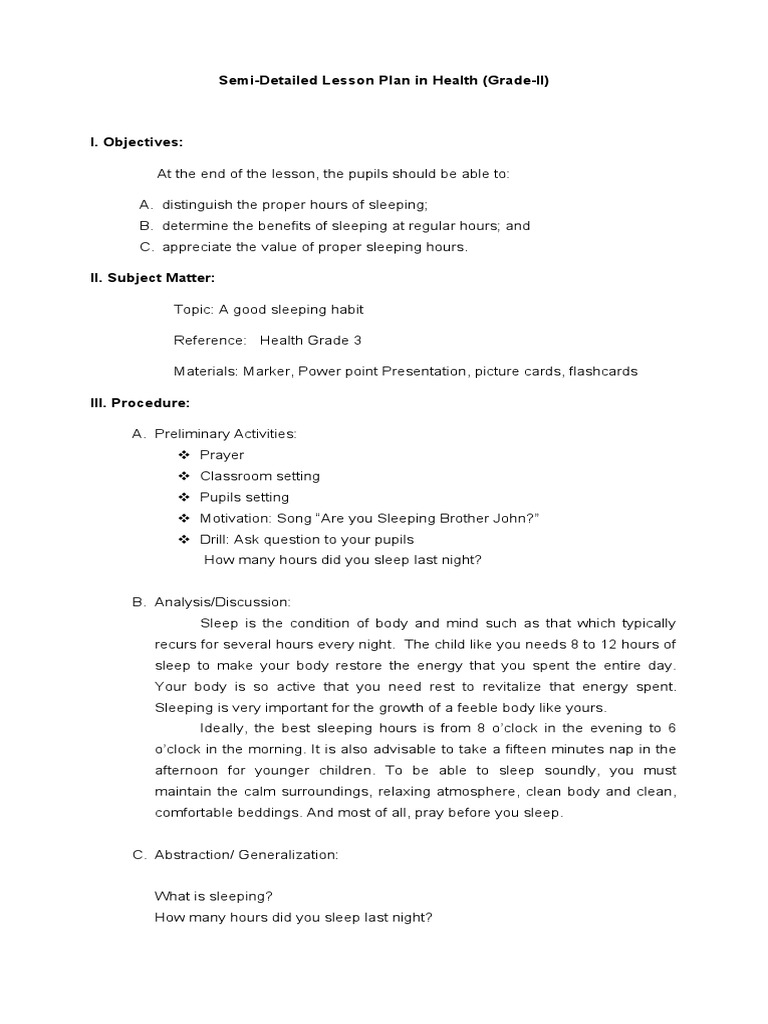 Semi-Detailed Lesson Plan in Health (Grade-II) | PDF | Sleep | Lesson Plan