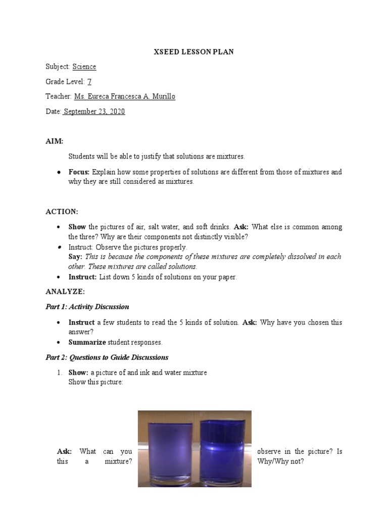 XSEED Grade 7 Science Lesson Plan | PDF | Solution | Homogeneity And ...