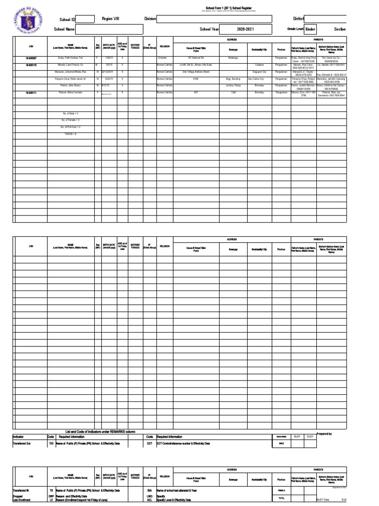 School-Forms (SF1) 2020-2021-First Session | PDF | Curriculum ...