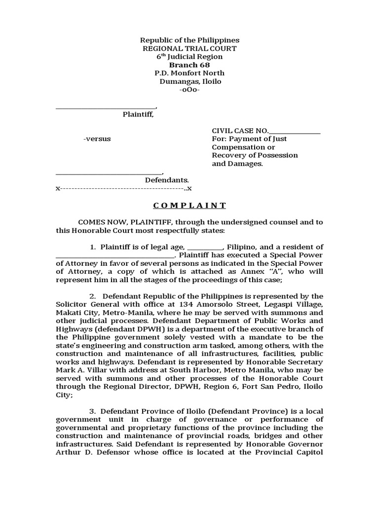 Complaint DPWH | PDF | Damages | Just Compensation