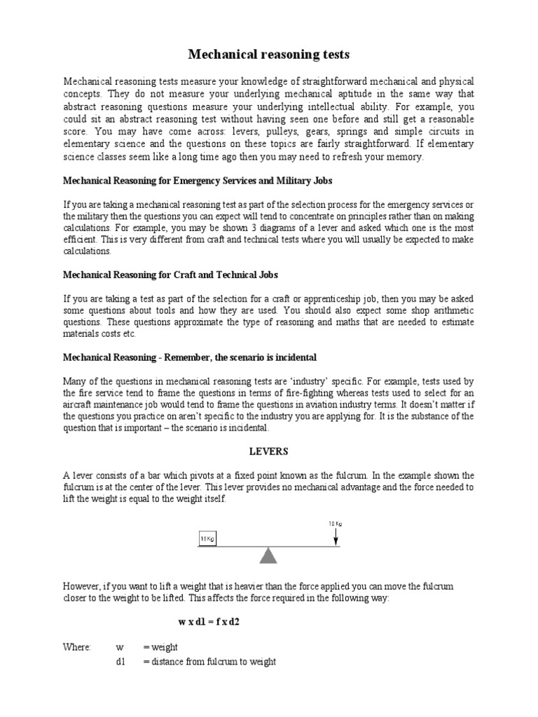 Mechanical Reasoning Tests | Download Free PDF | Lever | Gear