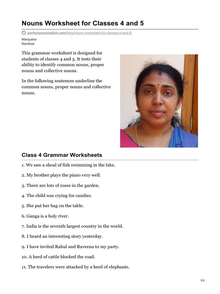 Nouns Worksheet For Classes 4 and 5 | PDF | Morphology | Linguistic ...