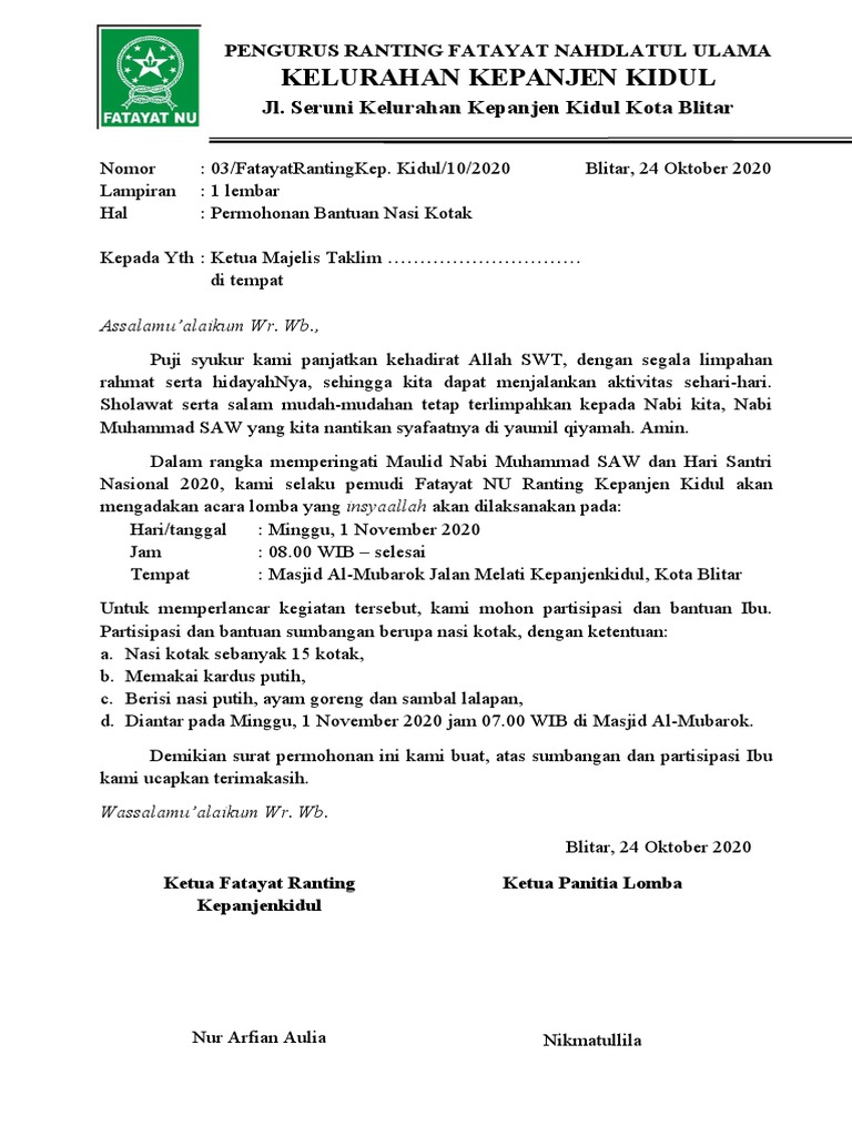 Surat Permohonan Bantuan Nasi Kotak | PDF Surat Permohonan Bantuan Nasi Kotak | PDF