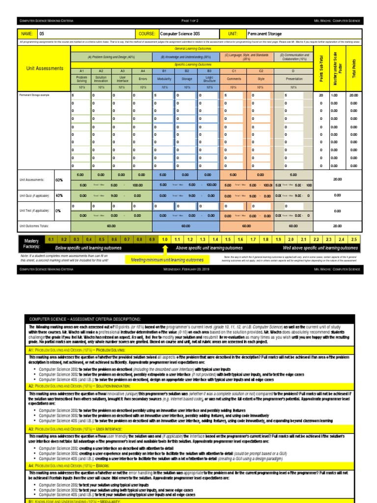 Computer Science Marking Criteria: Assessment Rubric for Programming ...