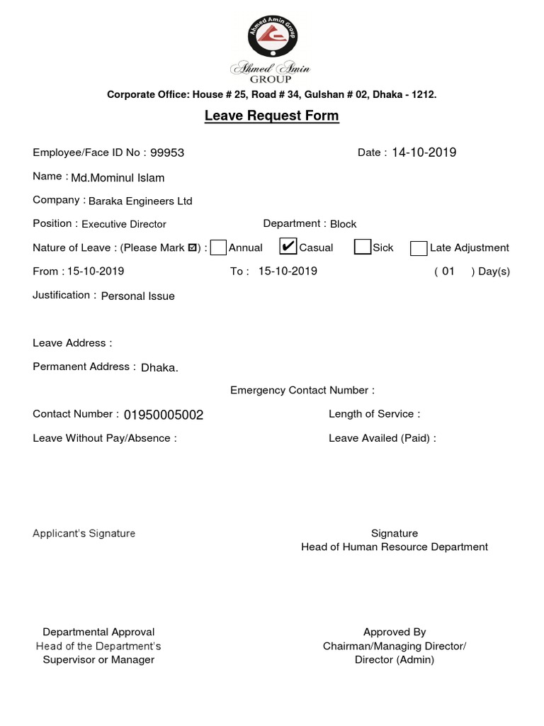 20.1.2019-Leave Application Form 141217 | PDF