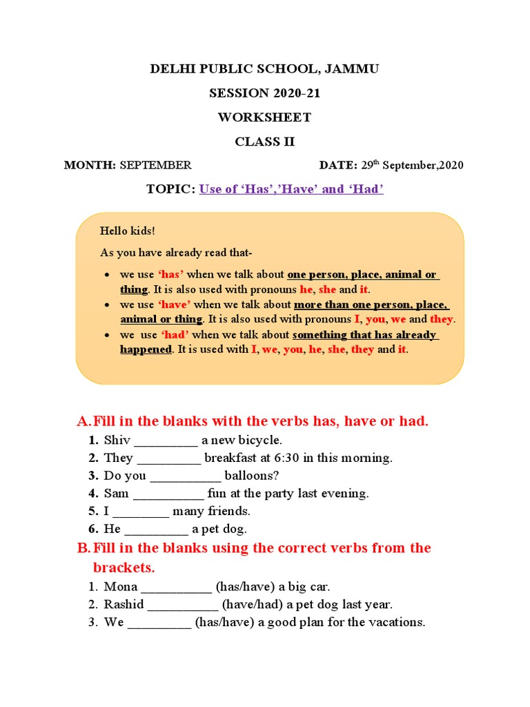 Has, Have, Had Worksheet for Class 2 | PDF | Language Arts & Discipline ...