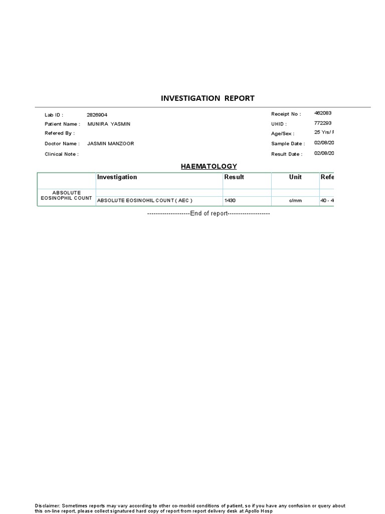 Investigation Report: Investigation Result Unit Reference Value | PDF
