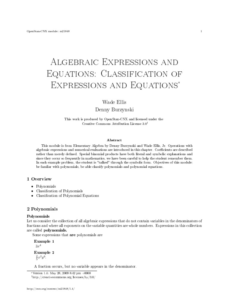 Algebraic Expressions and Equations Classification of Expressions and ...