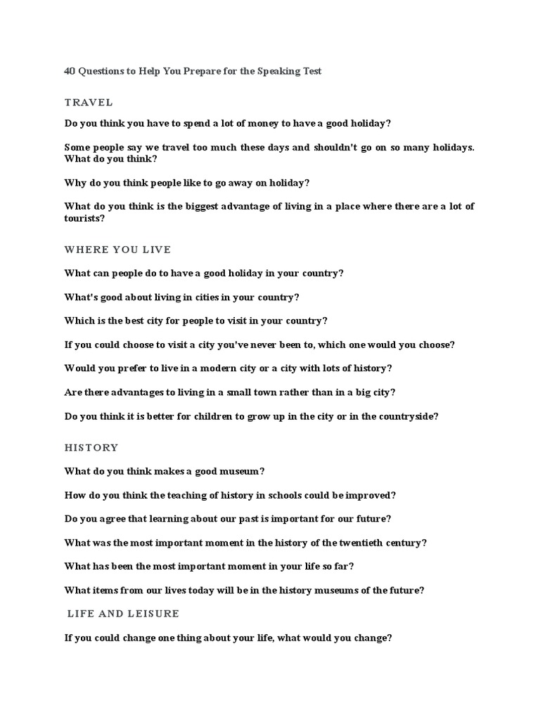 40 Questions To Help You Prepare For The Speaking Test Travel | PDF