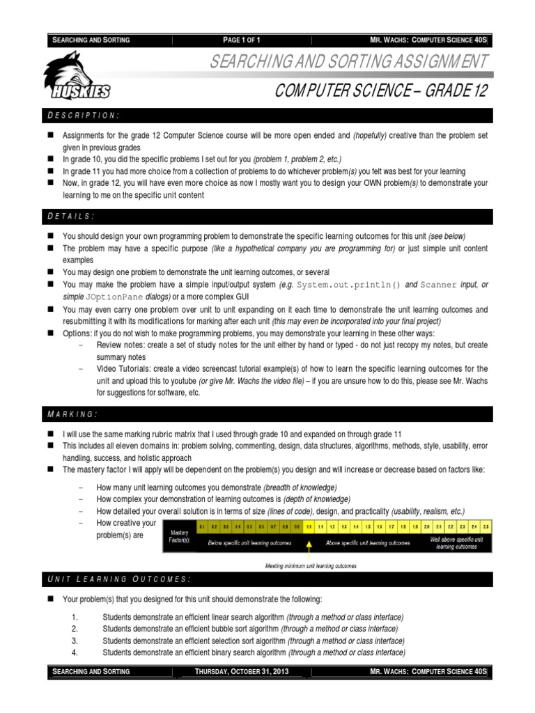 Searching and Sorting Assignment: Computer Science - Grade 12 | PDF | Algorithms | Usability