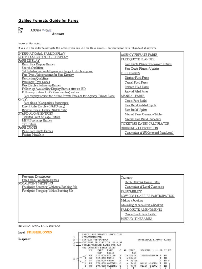 Galileo Formats Guide For Fares | PDF | Fare | Airlines