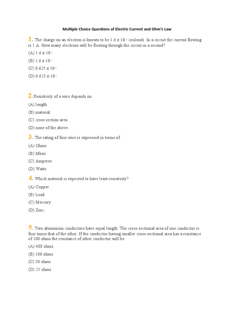 Multiple Choice Questions of Electric Current and Ohm | PDF ...