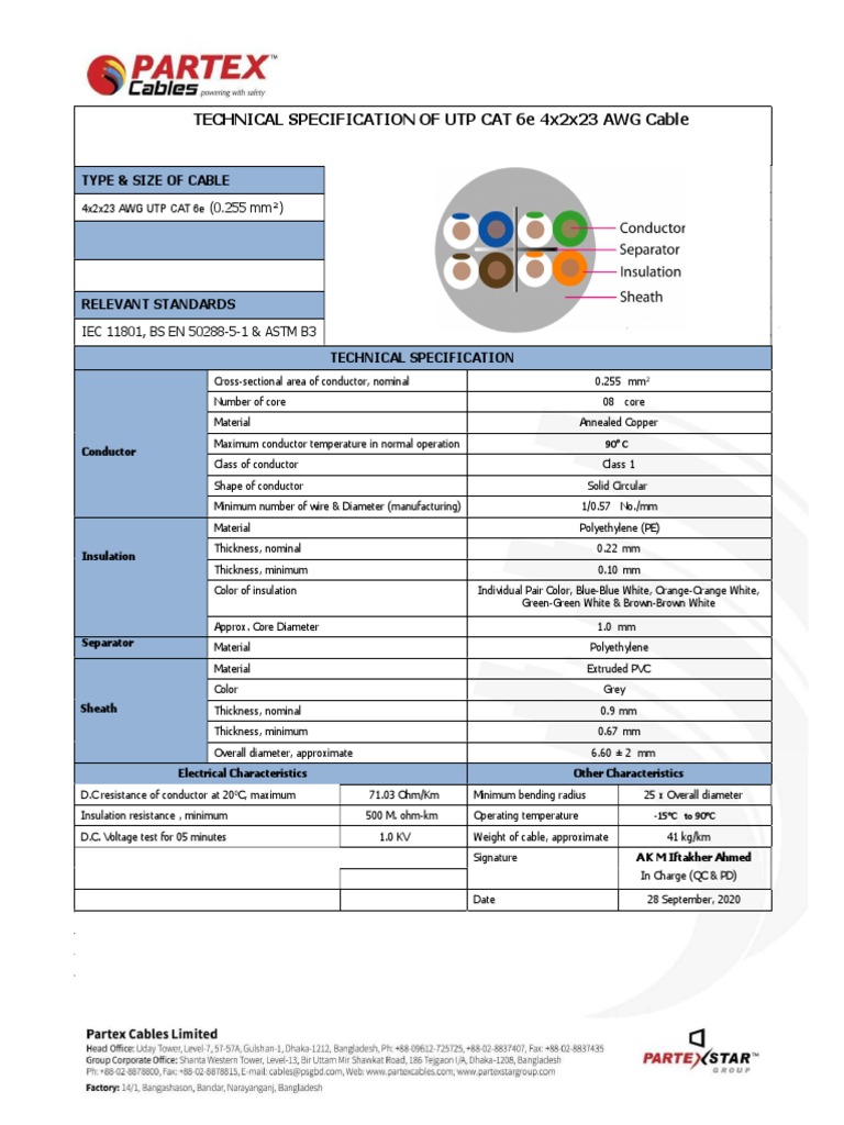 Technical Specification of Utp Cat 6E 4X2X23 Awg Cable | PDF ...