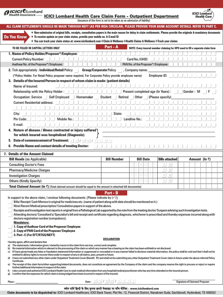ICICI Lombard Health Care Claim Form - Outpatient Department | PDF ...