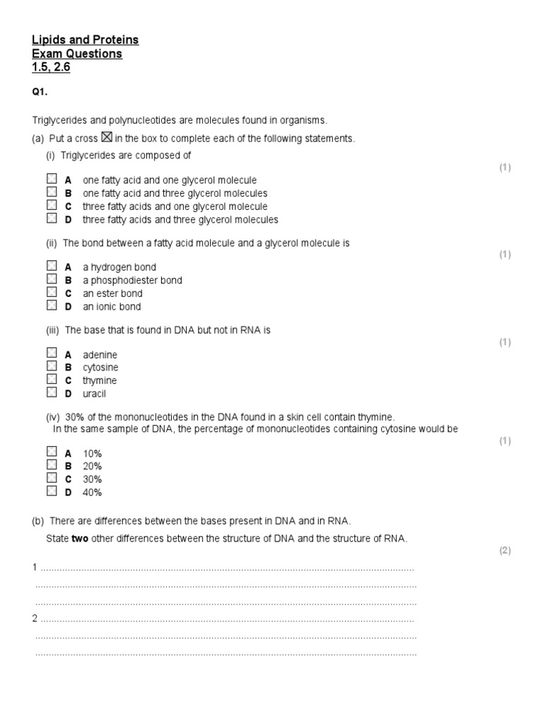 1.5 Lipids and Protein Exam Questions | PDF | Hydrolysis | Triglyceride