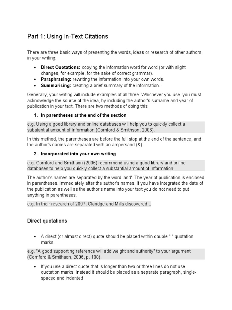 Part 1: Using In-Text Citations: 1. in Parentheses at The End of The ...