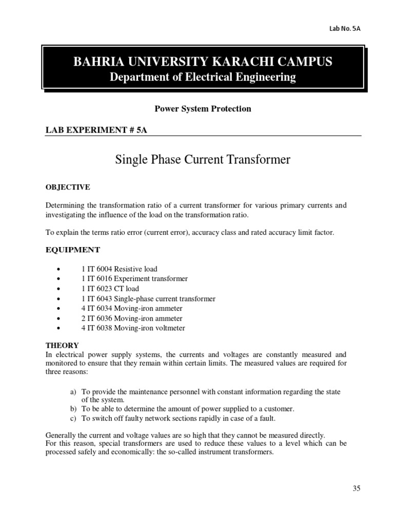 Single Phase Current Transformer Lab | PDF | Transformer | Electrical ...