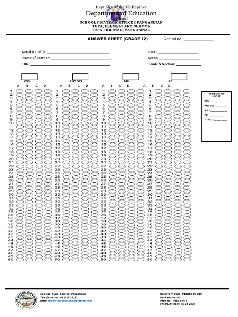 Answer Sheet for Grade 12 Learner Assessment with Scores in CSS ...