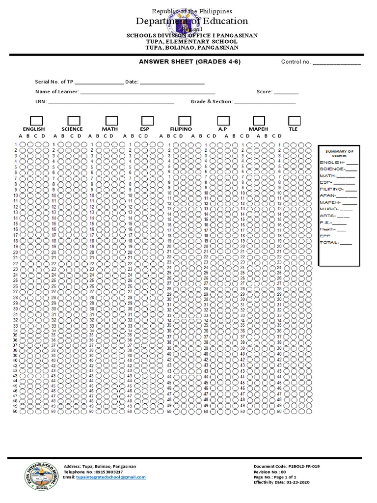 Department of Education: Answer Sheet (Grades 4-6) | PDF