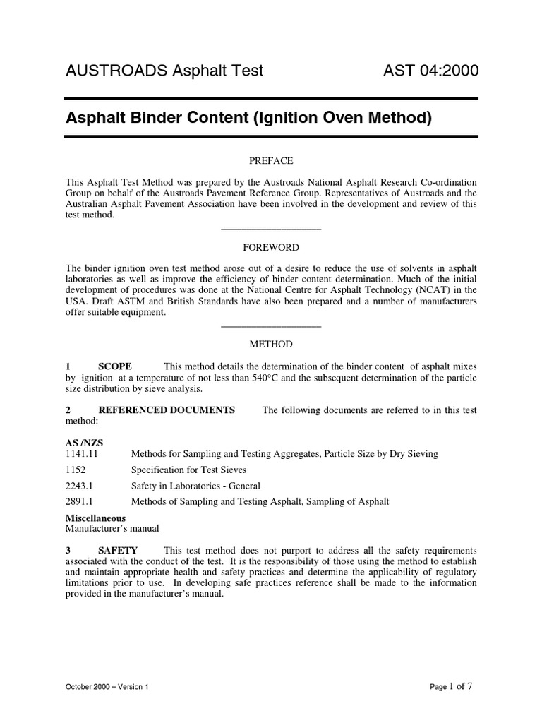 Asphalt Binder Content (Ignition Oven Method) : AUSTROADS Asphalt Test ...