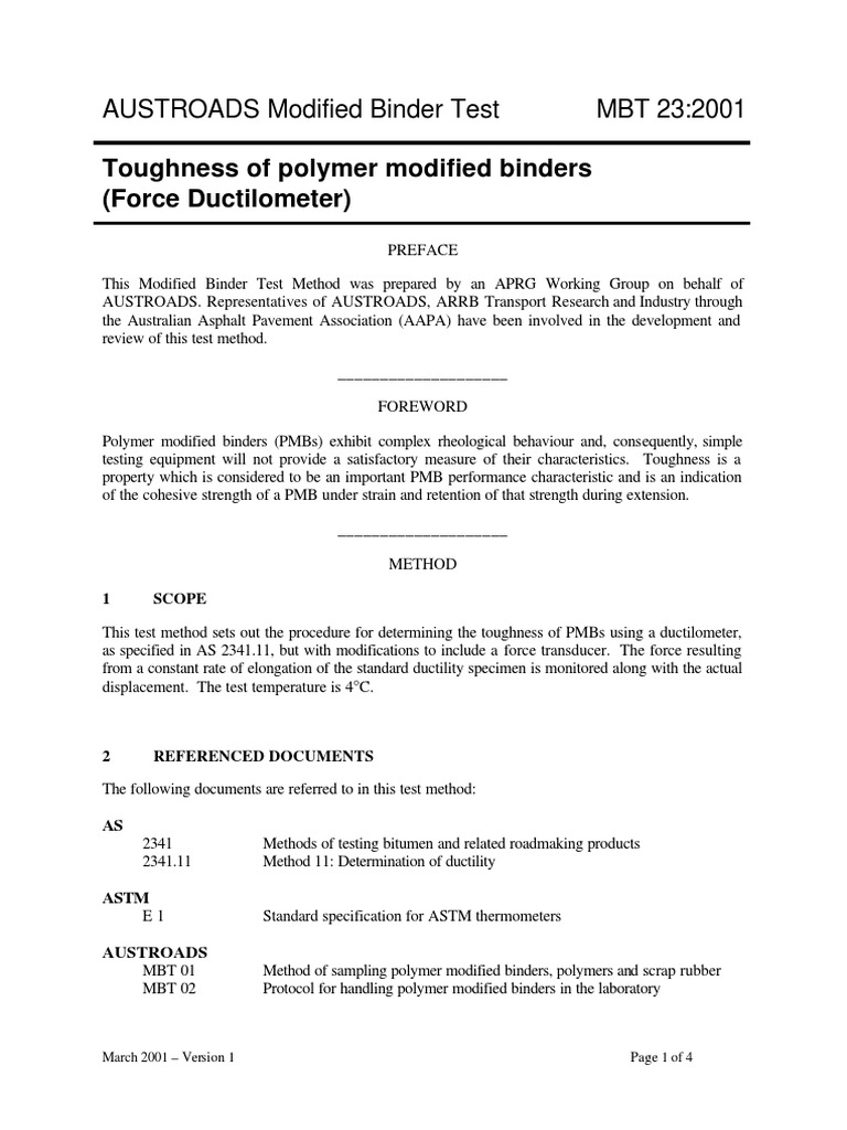 Toughness of Polymer Modified Binders (Force Ductilometer) : AUSTROADS ...