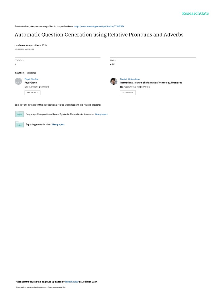 Automatic Question Generation Using Relative Pronouns and Adverbs | PDF | Clause | Parsing