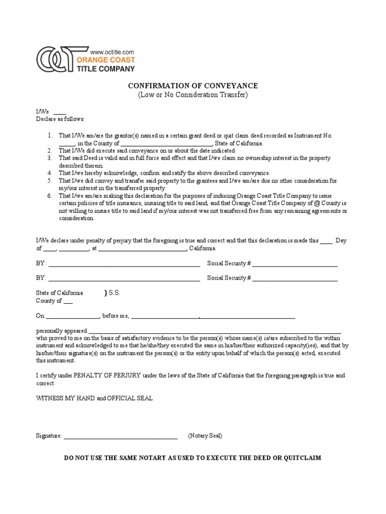 (Low or No Consideration Transfer) : Confirmation of Conveyance | PDF ...