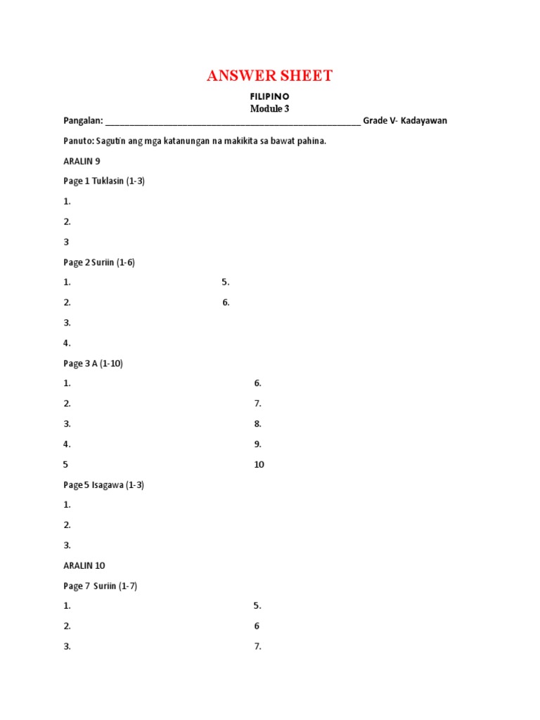 ANSWER SHEET Filipino Module 3 | PDF