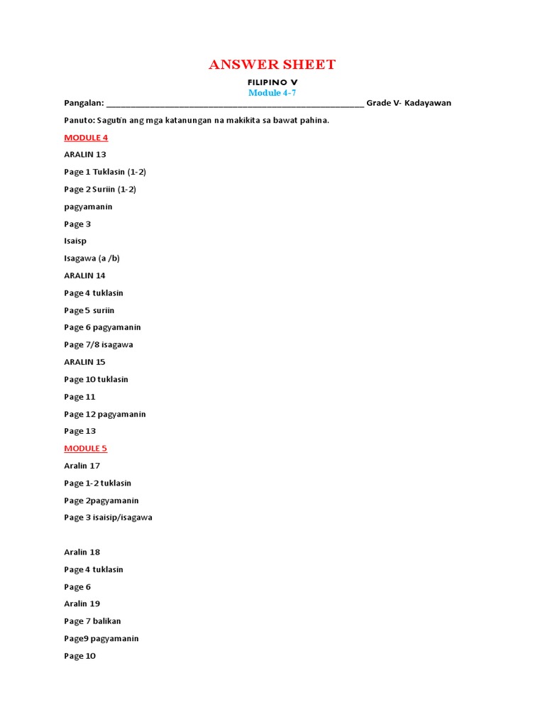 ANSWER SHEET Filipino Module 4 - 7 | PDF | Business | Computers