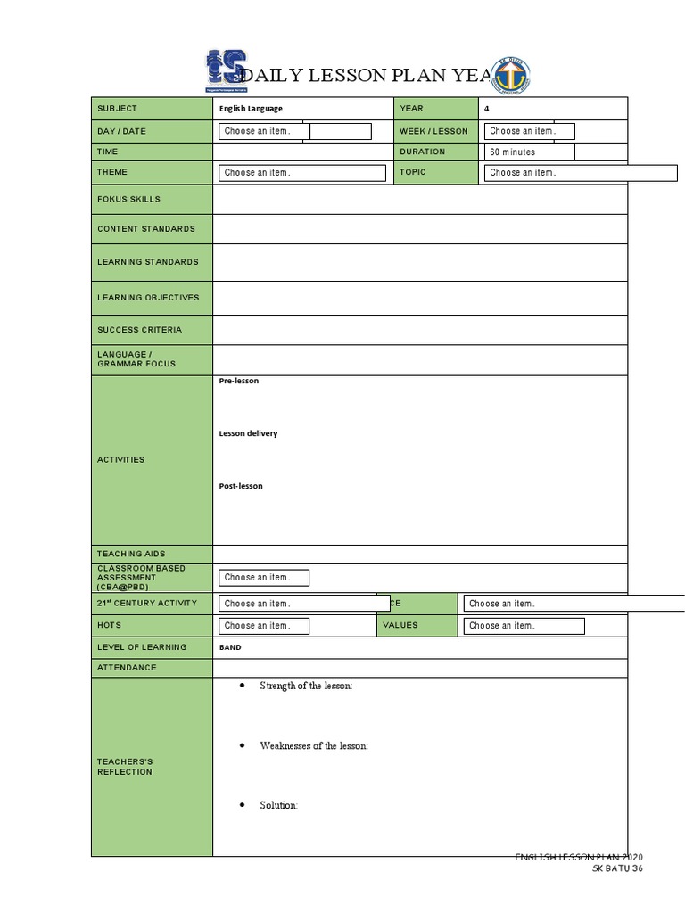 Daily Lesson Plan Year 4: English Language 4 1 Choose An Item. Choose ...