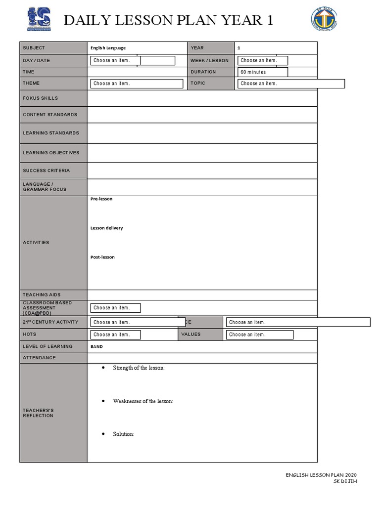 Daily Lesson Plan Year 1: English Language 1 1 Choose An Item. Choose ...