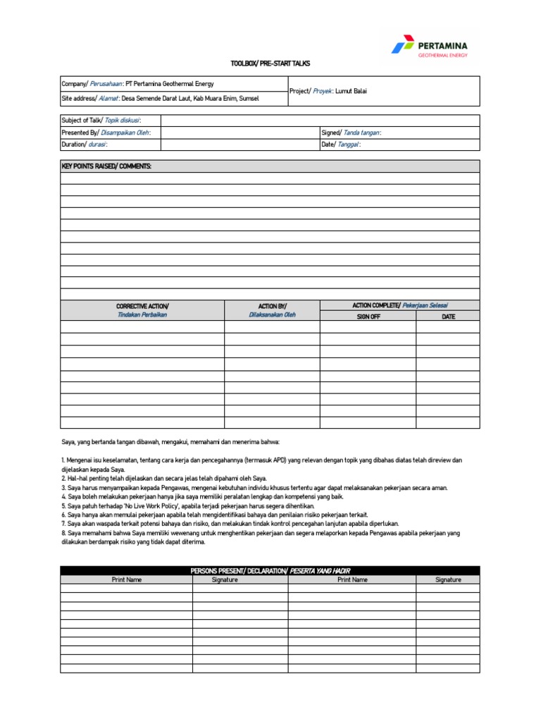 Toolbox Meeting Form | PDF