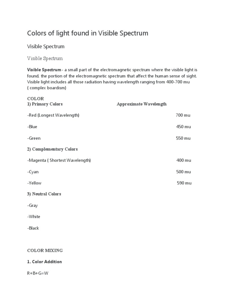Colors of Light Found in Visible Spectrum | PDF | Color | Electromagnetic Spectrum