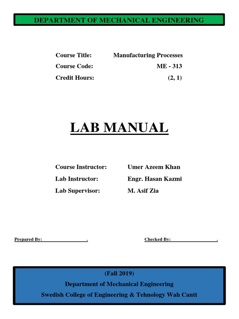 Manufacturing Processes Lab Manual | PDF | Grinding (Abrasive Cutting ...